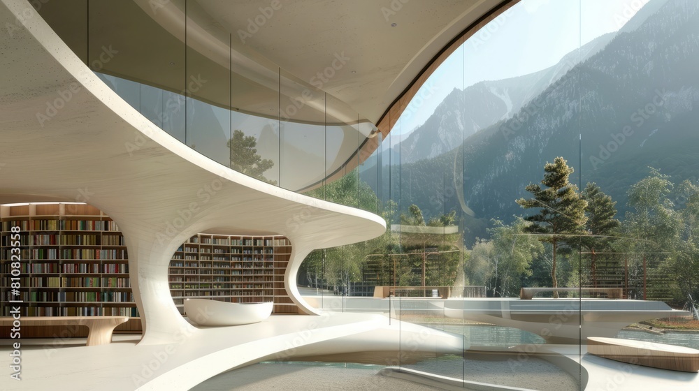 A futuristic, high-tech library with touch-screen interfaces ...