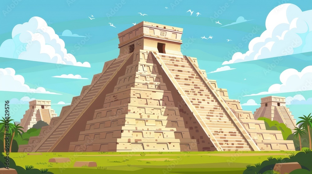 This cartoon modern illustration shows the Temple of Kukulkan or El ...