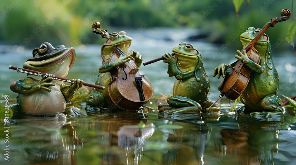 Frogs band playing musical instruments on the lake . Generative Ai ...