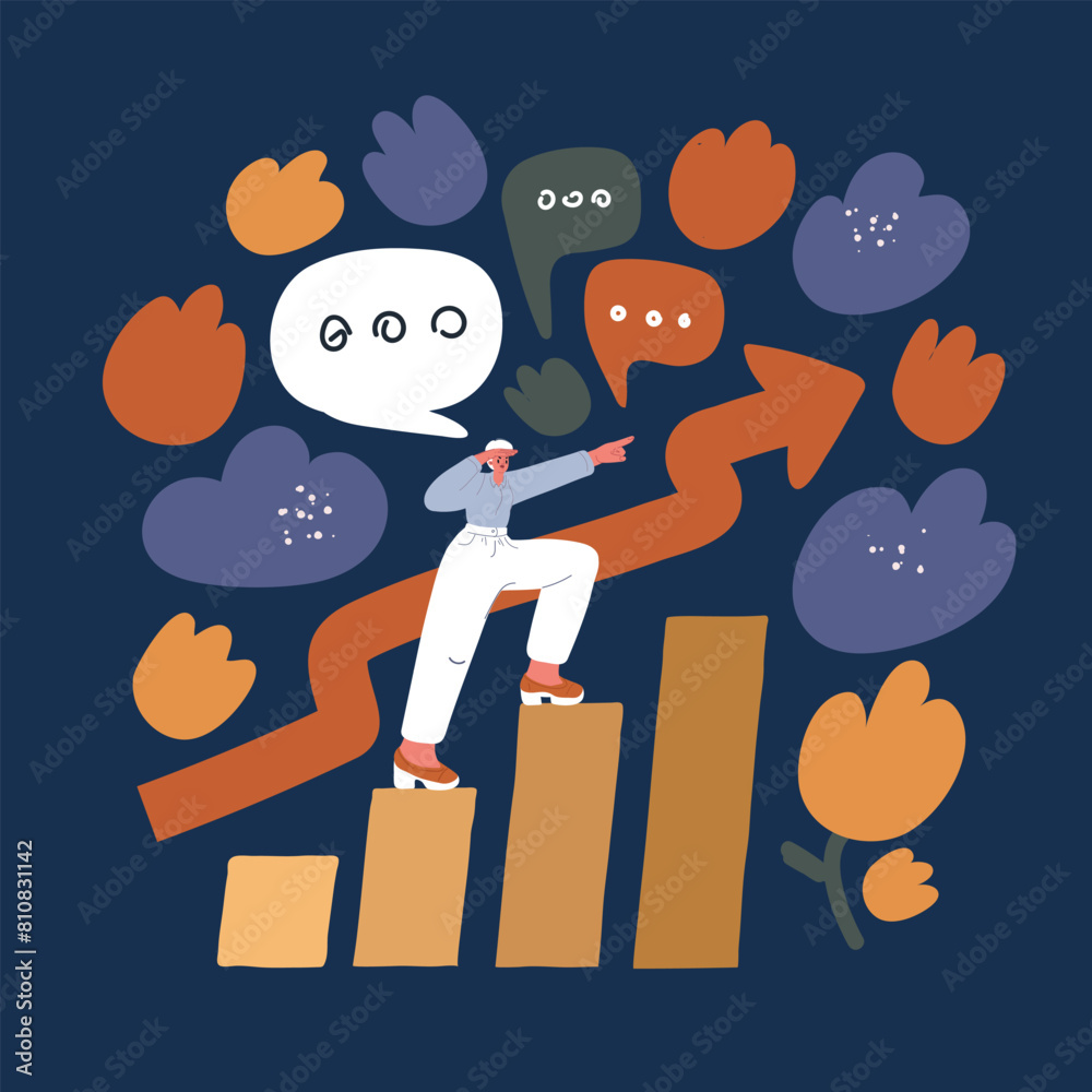 Cartoon vector illustration of Successfully woman going from one ...