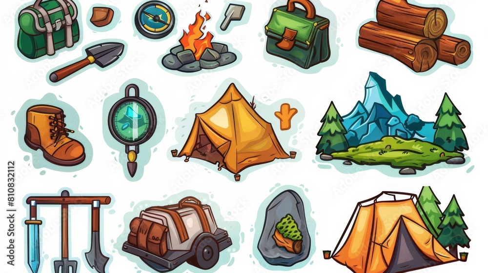 Icons of a summer camp with tent, backpack, map, compass, and fire ...