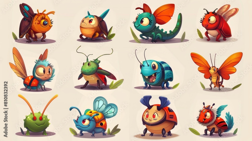 Cartoon insects characters mole, dragonfly, bedbug, butterfly, ladybug ...