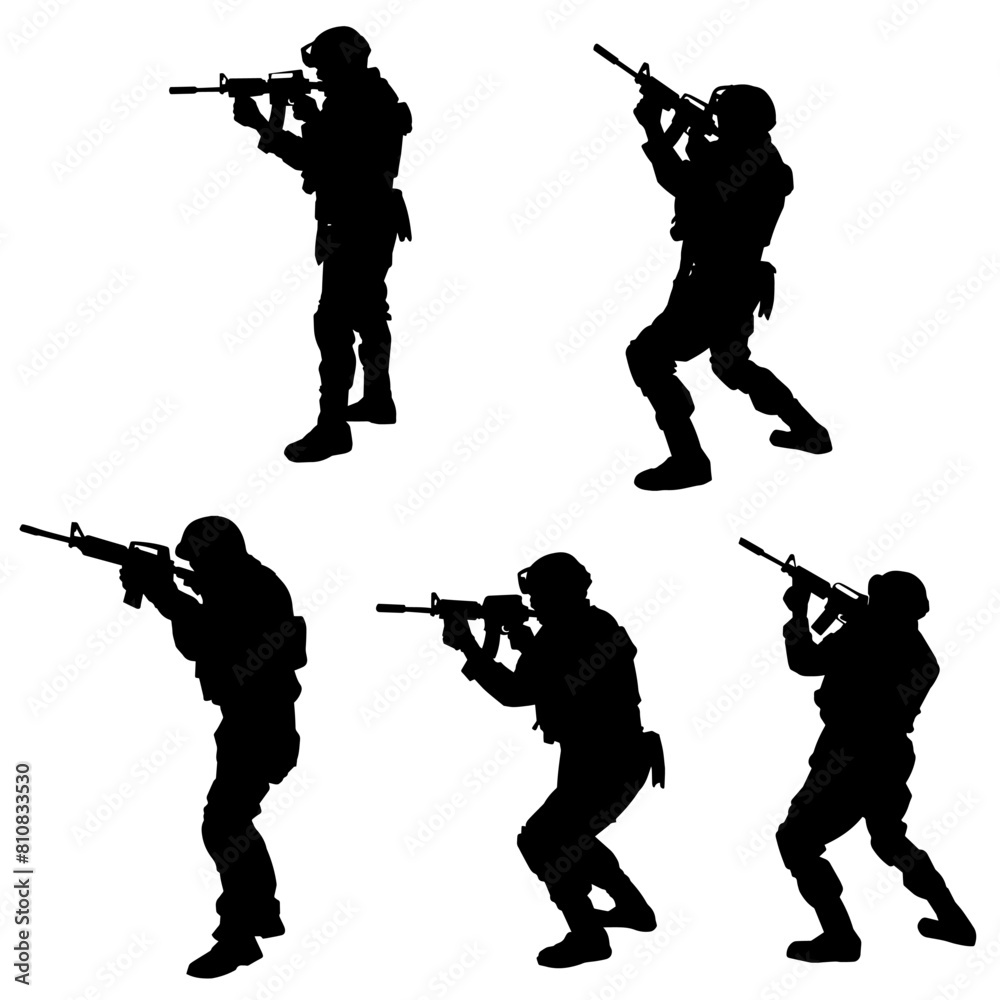 Silhouette collection of male soldier carrying machine gun weapon ...