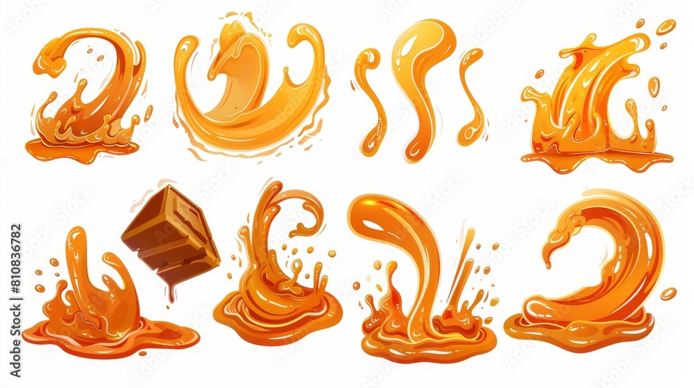 Candy corn and caramel splashes and flows. Modern cartoon set of brown ...