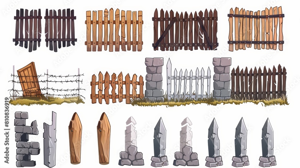 Modern cartoon set with wooden picket fence, barbwire barrier, stone ...