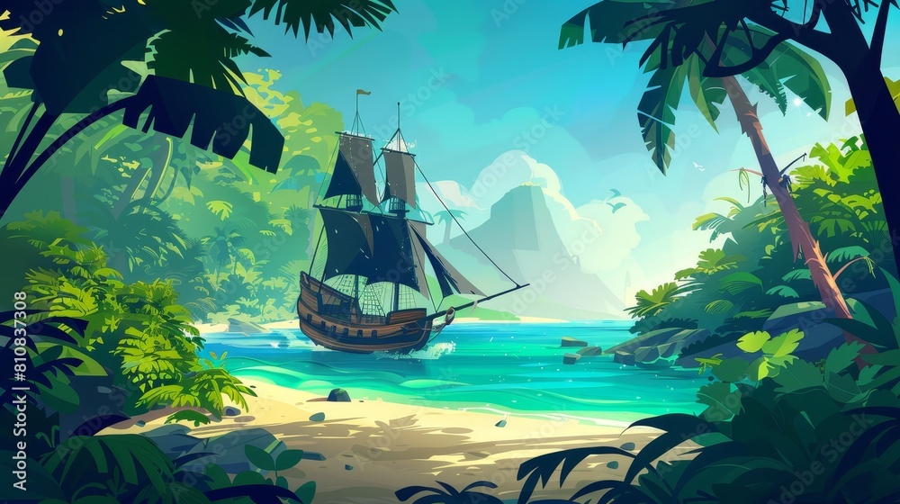 A pirate ship with black sails on a lagoon with jungles on the beach. A ...