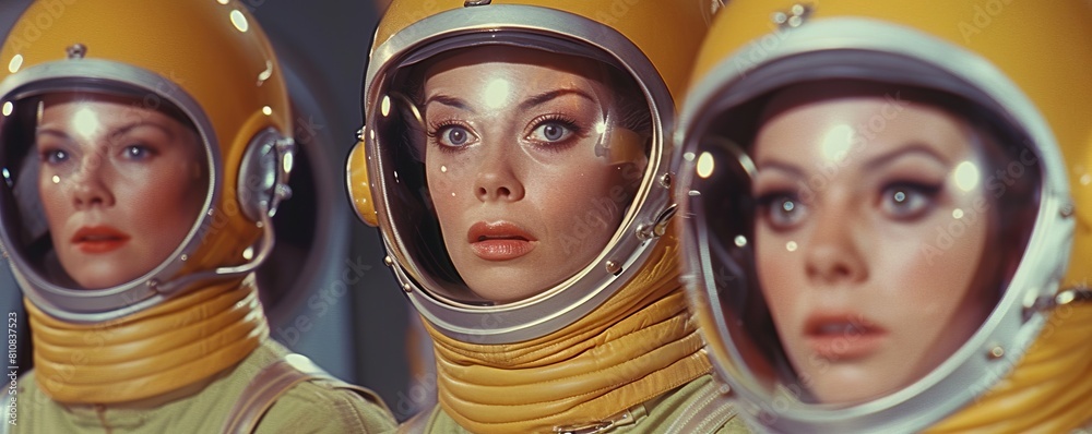 Actors wearing cheesy sci fi costumes from outer space for a retro ...