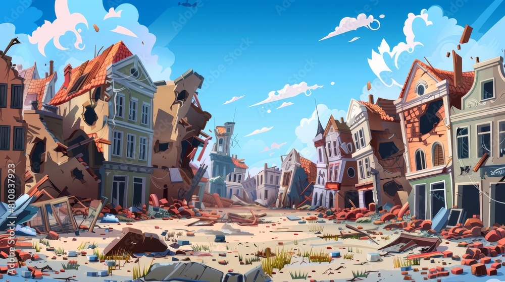 Illustration of ruined city buildings after natural disaster, war, or ...