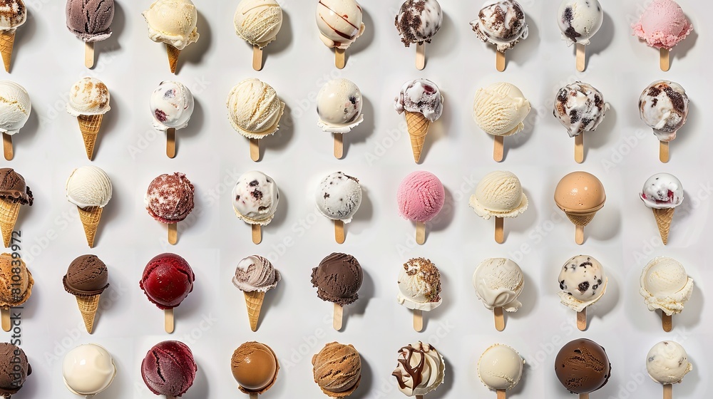 different ice creams in cones, each displayed against a crisp white ...
