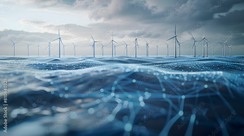 Offshore Windmill farm in the ocean, renewable engergy concept. Huge ...