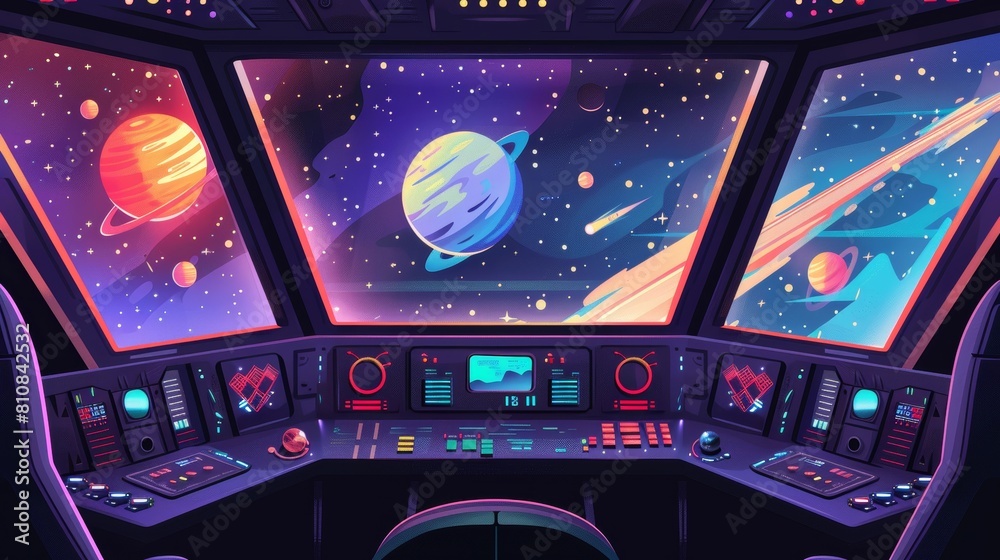 ภาพประกอบสต็อก An interior view of a spacecraft cockpit with planets ...