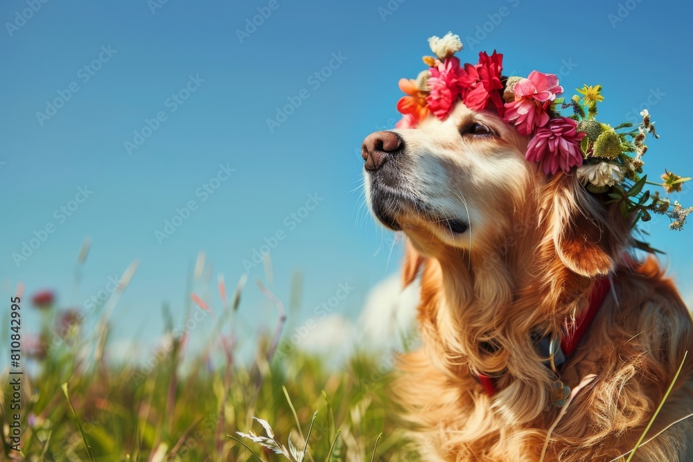 Dog wearing floral wreath in meadow. Summer Solstice Day, Midsummer ...