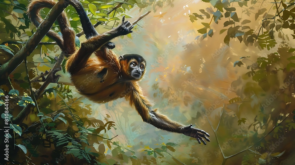 Agile spider monkey swinging effortlessly through the jungle canopy ...