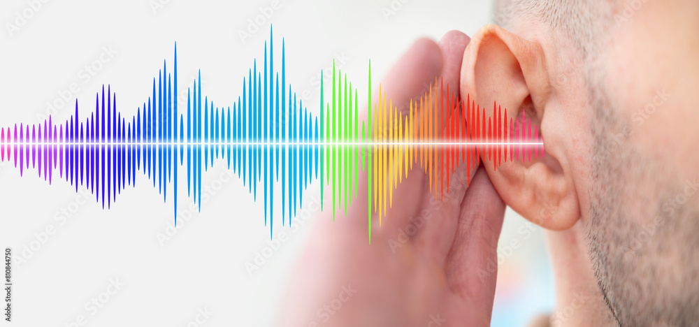young man ear closeup listening, sound wave, acoustics Auditory System ...