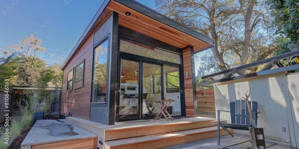 Modern tiny house with a sloped roof and a wooden exterior. The small ...