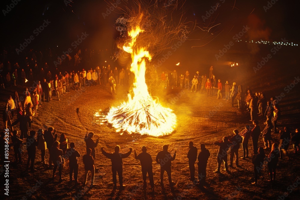 People dancing around a large bonfire at night. Summer Solstice Day ...