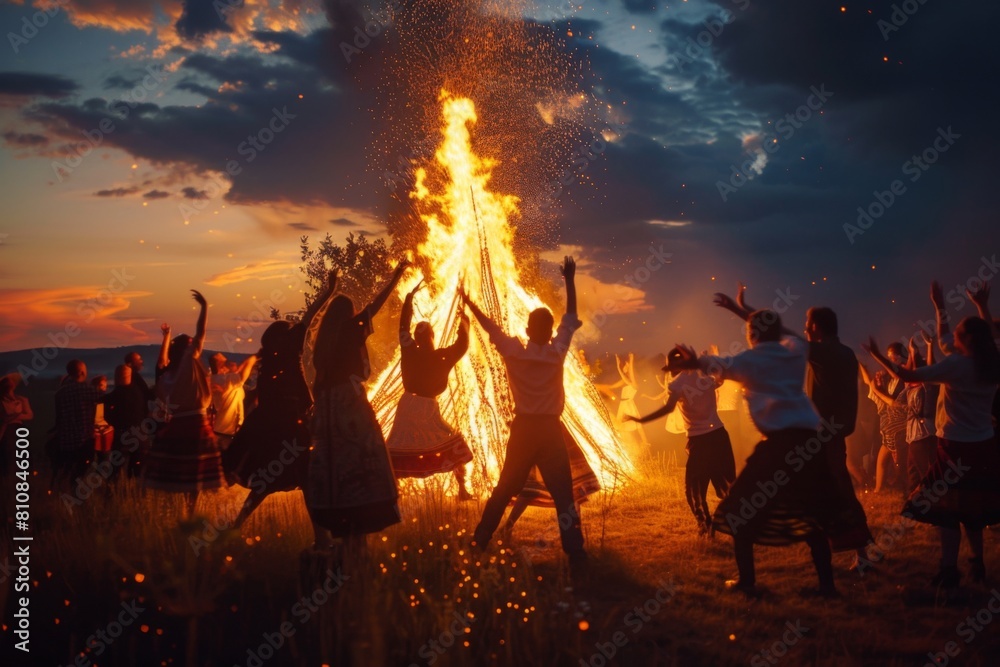 People dancing around a large bonfire at night. Summer Solstice Day ...