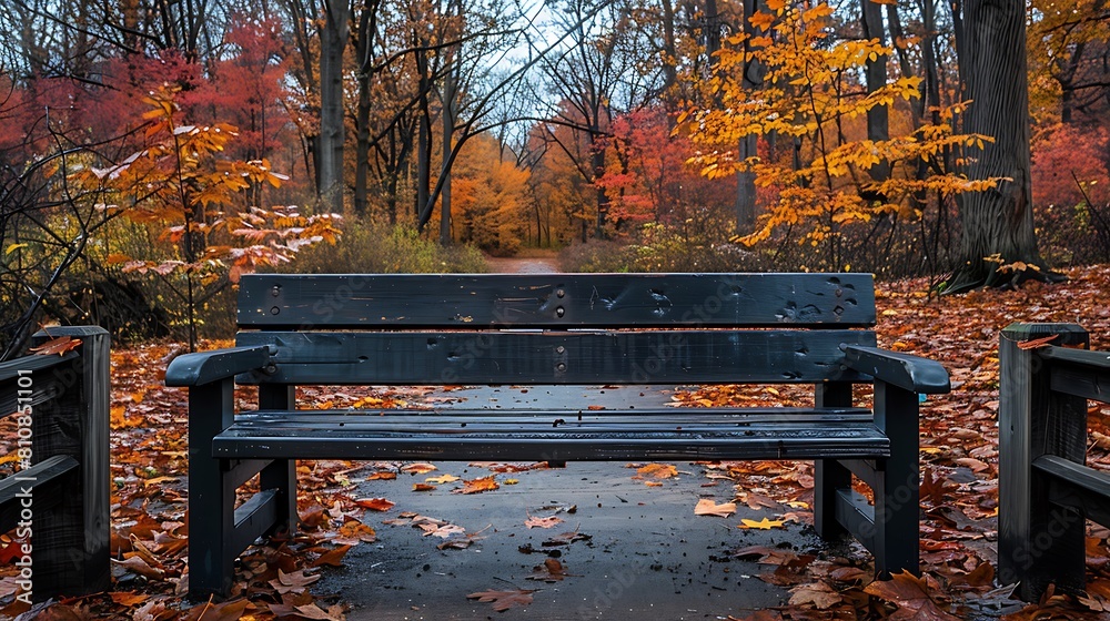 Sit on a park bench looking out over a scenic autumn park with leaves ...
