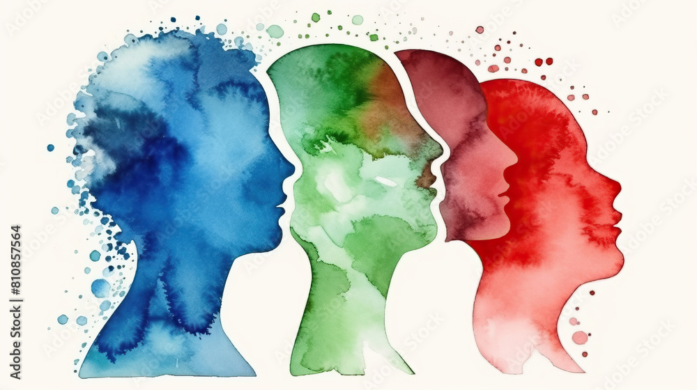 watercolor art with colorful silhouette of people heads merged textured ...