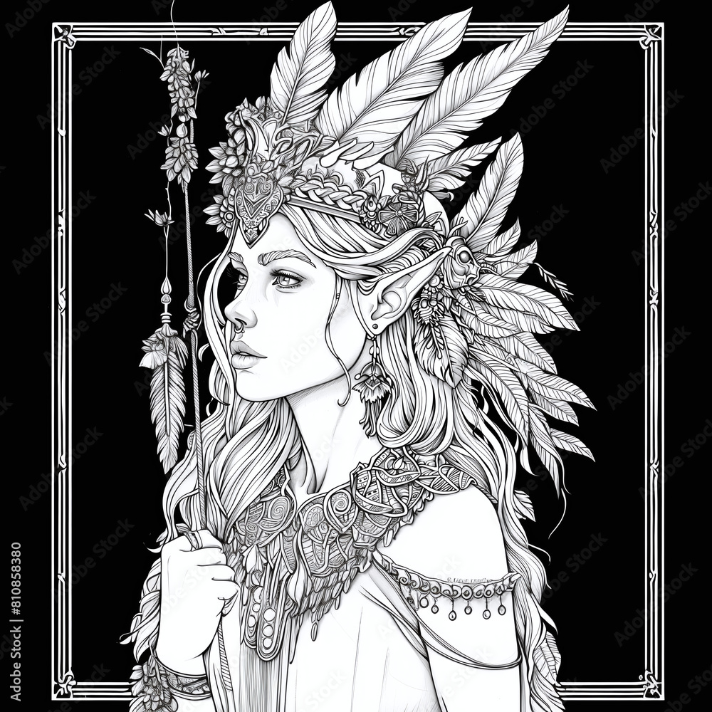 Coloring page fantasy theme, elf portrait Stock Illustration | Adobe Stock