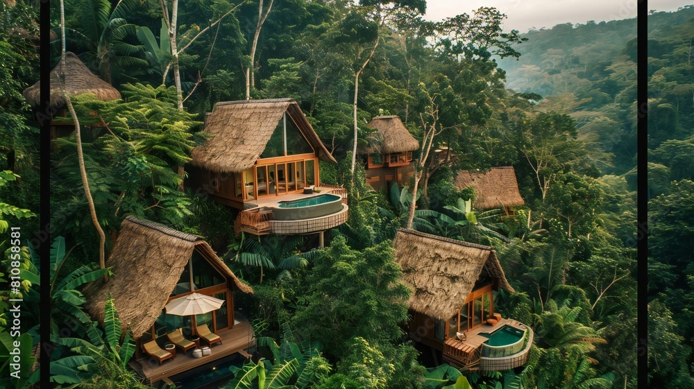 A luxury eco-resort nestled in a tropical forest, with eco-friendly ...
