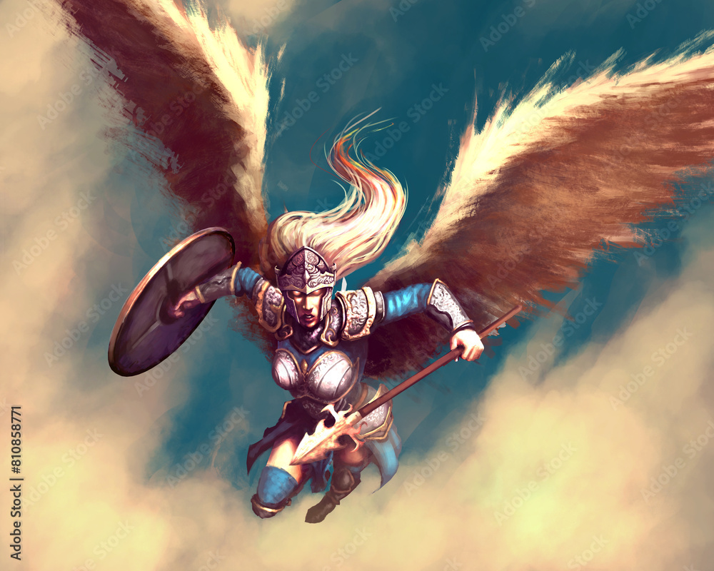 A beautiful valkyrie with a stern face, spear, shield and armor flies ...