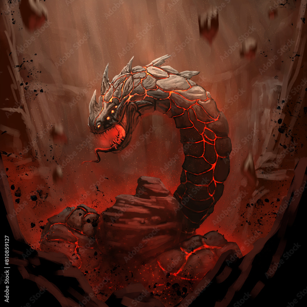 A giant stone worm filled with lava and armored with solidified magma ...