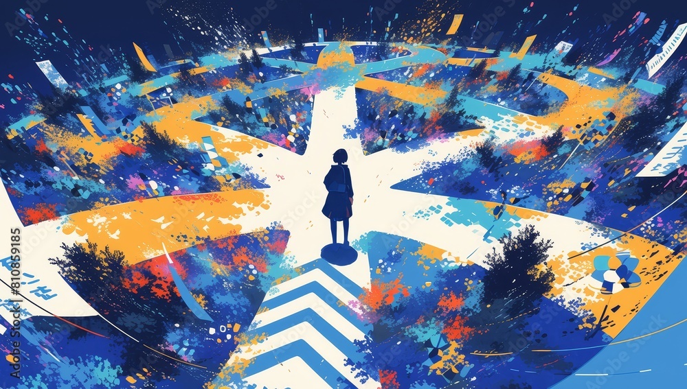 A person at crossroads of multiple roads, symbolizing choices and ...