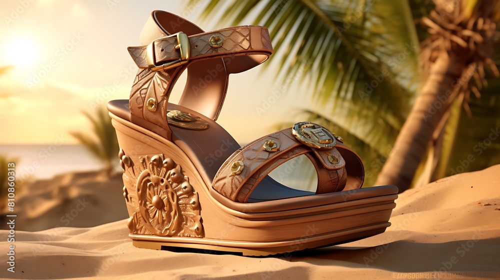Generate an image of a pair of bohemian-inspired wedge sandals against ...