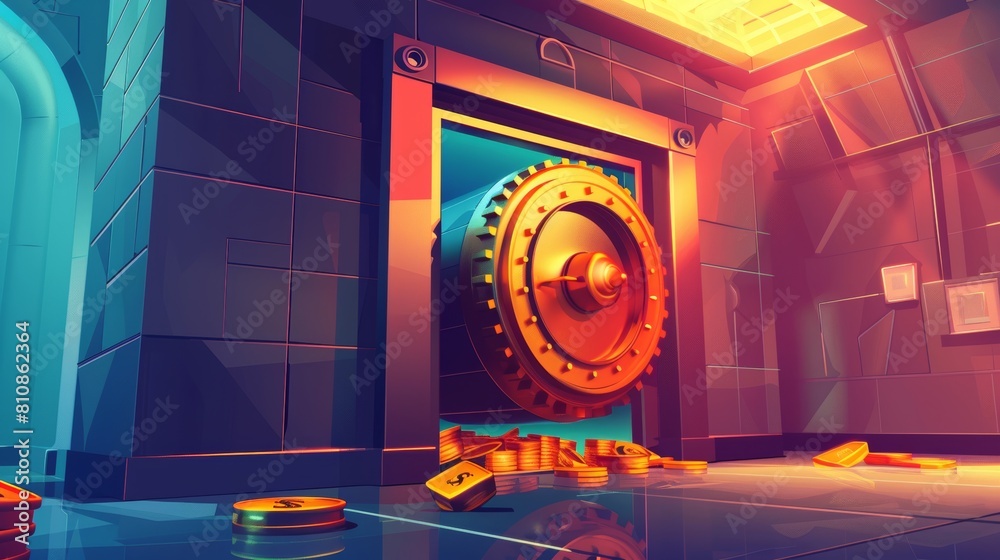 Vault with open safe door. Illustration of a vault with round steel ...