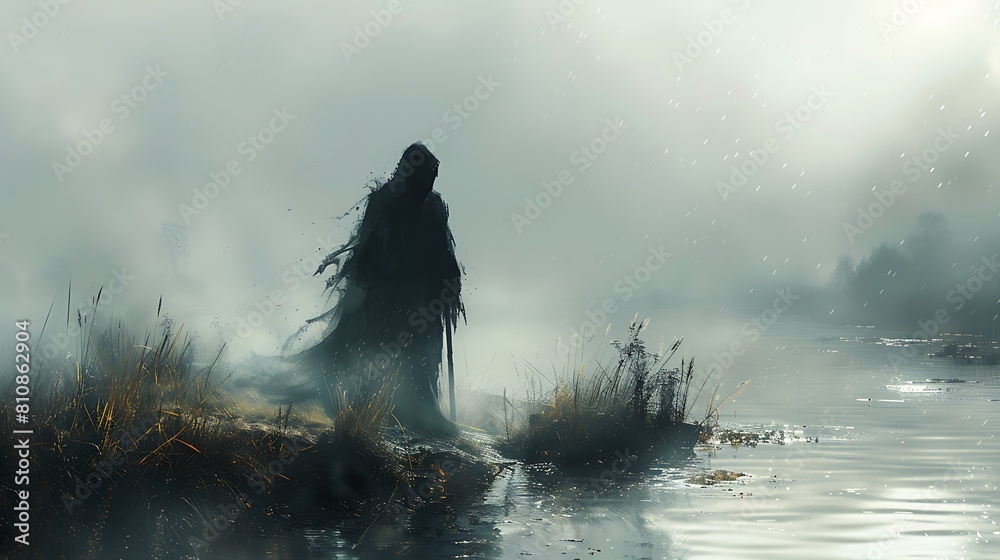 Explore a spectral riverbank where the Grim Reaper stands waiting, his ...