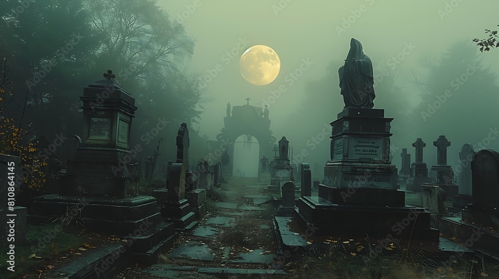 Moonlit cemetery featuring ancient gravestones and eerie statues ...