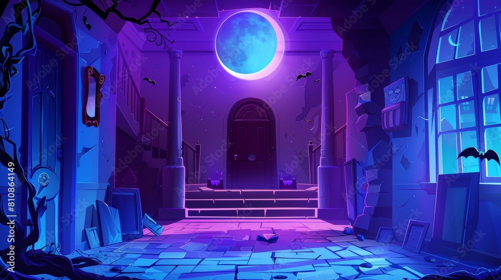 Halloween spooky scene in abandoned house hall with ghostly silhouettes ...