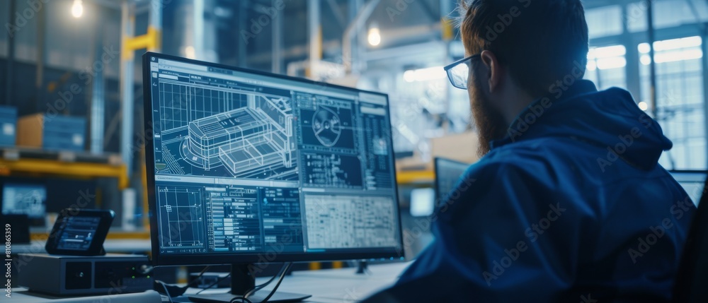 An engineer working with CAD software on a desktop computer, the screen ...