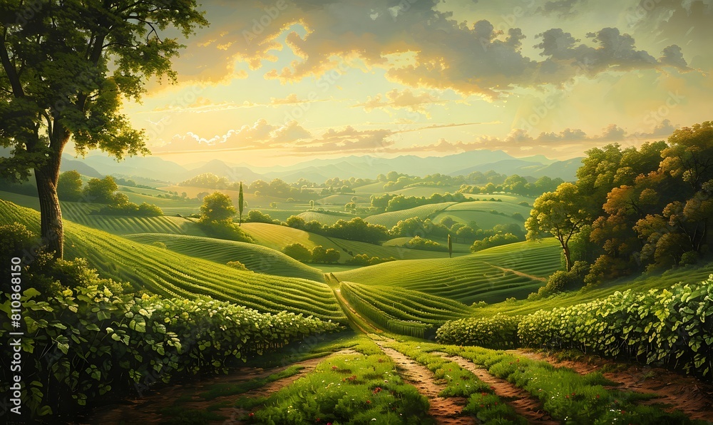 rural heritage and traditional farming methods with crops and trees on ...