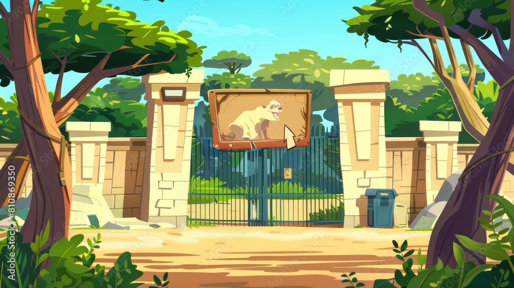 Gates to a zoo with pointers indicating the cages of monkeys ...