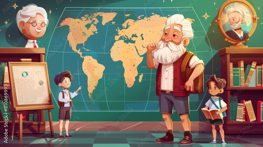 An old teacher teaches history in a classroom. Modern cartoon of a ...