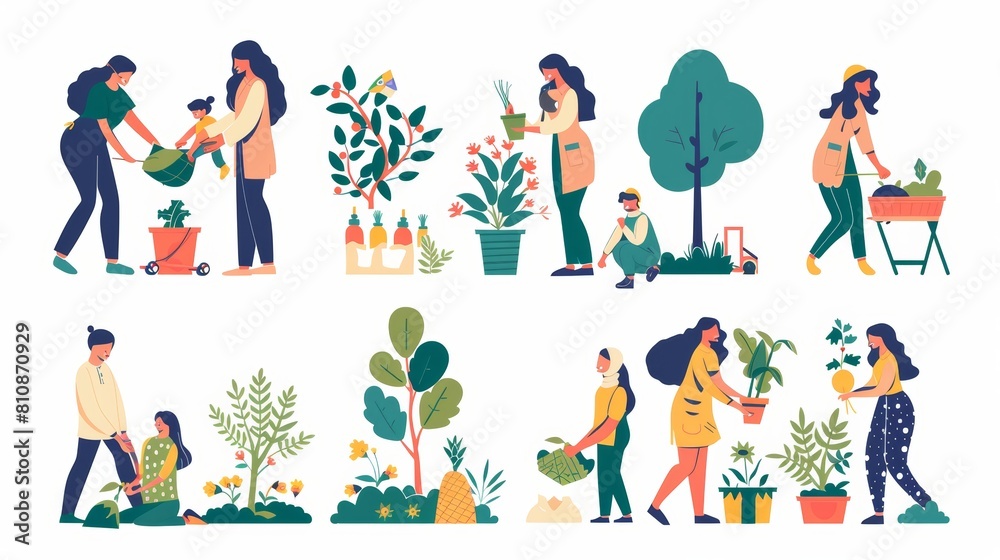 A set of cartoon flat modern illustrations featuring people planting ...