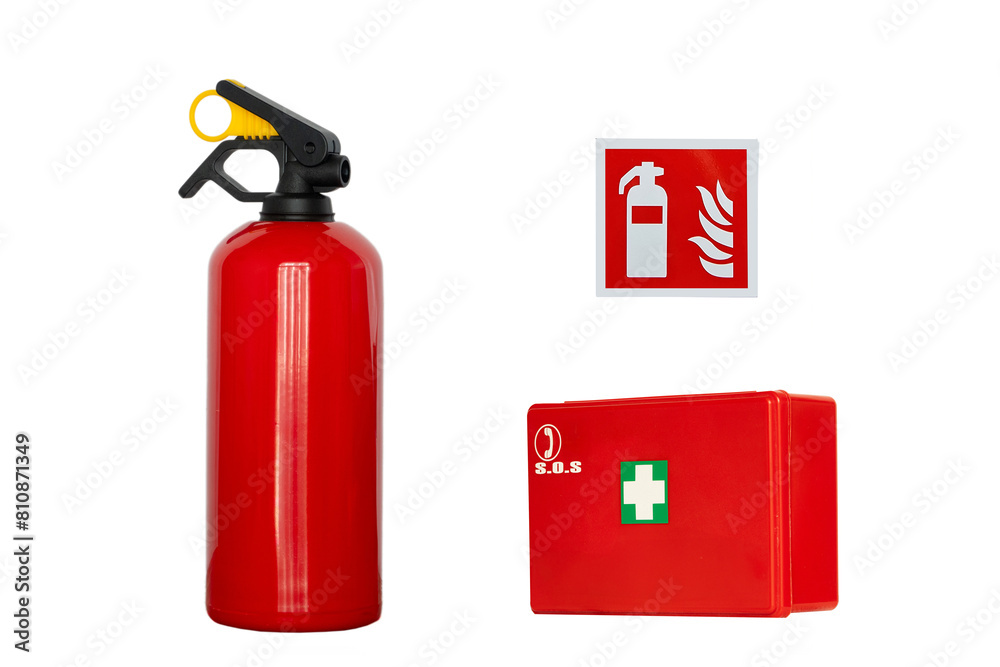 fire extinguisher, first aid kit and safety sign isolated on white ...