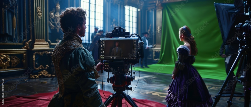 A director looks at display controls while shooting a period drama ...