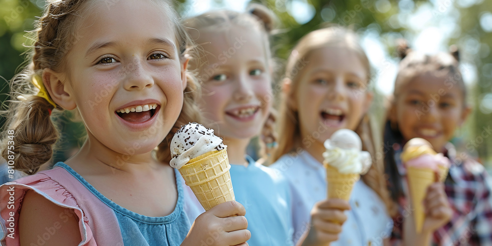 Group of children in the park eating cold ice cream. Concept of ...