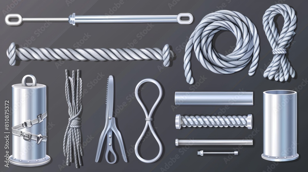 A realistic 3d modern set of metal hawser, rope, steel cord of a ...