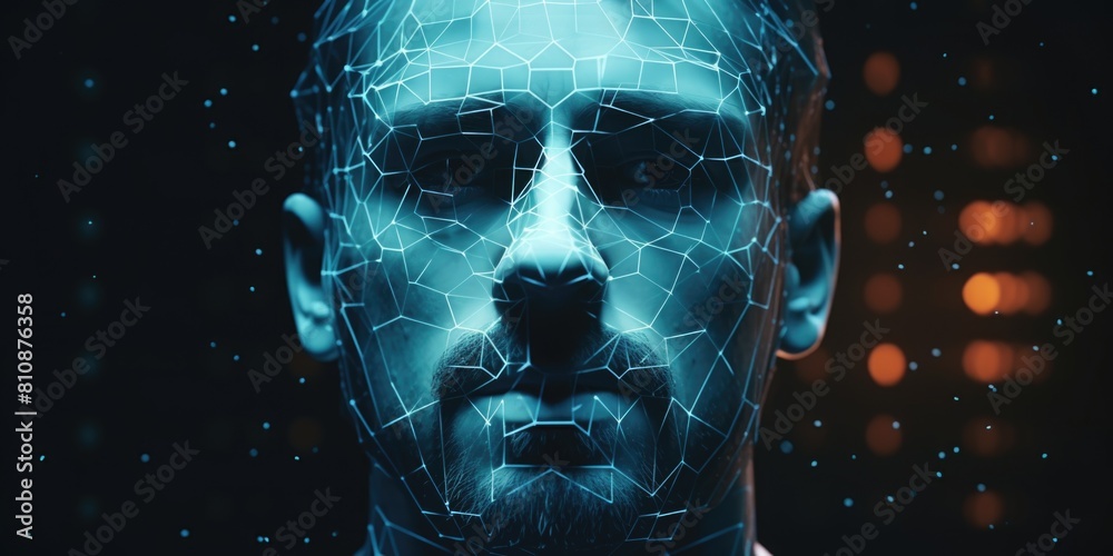 A man's face is shown in a blue and white color scheme. The face is ...