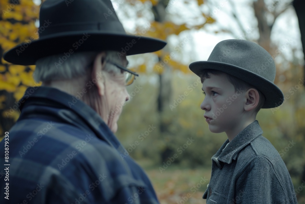Foto de An old man and a young boy are standing in a forest. The old ...