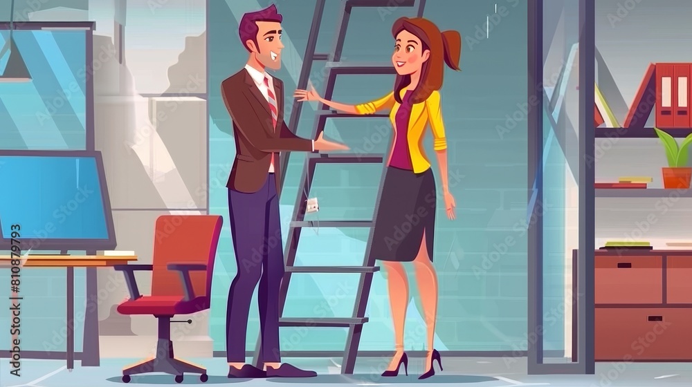 Modern banner with cartoon illustration of businessman welcoming woman ...