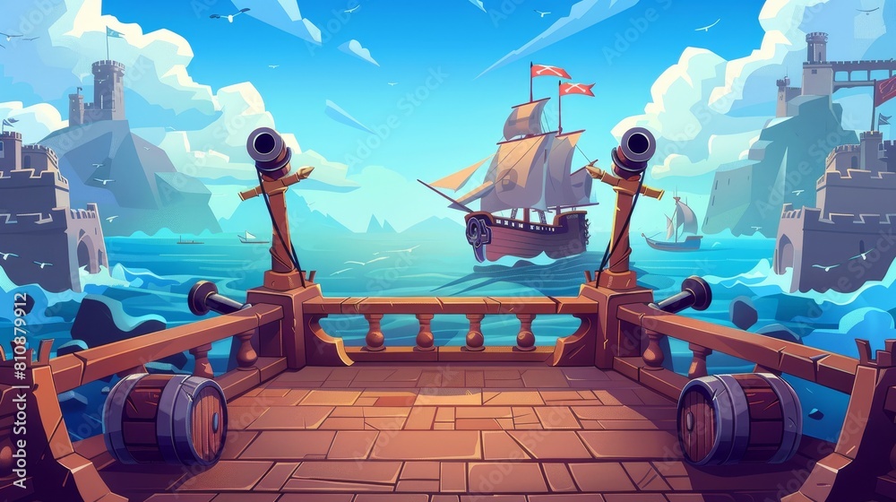Cartoon modern illustration of the deck of a pirate ship with a jolly ...