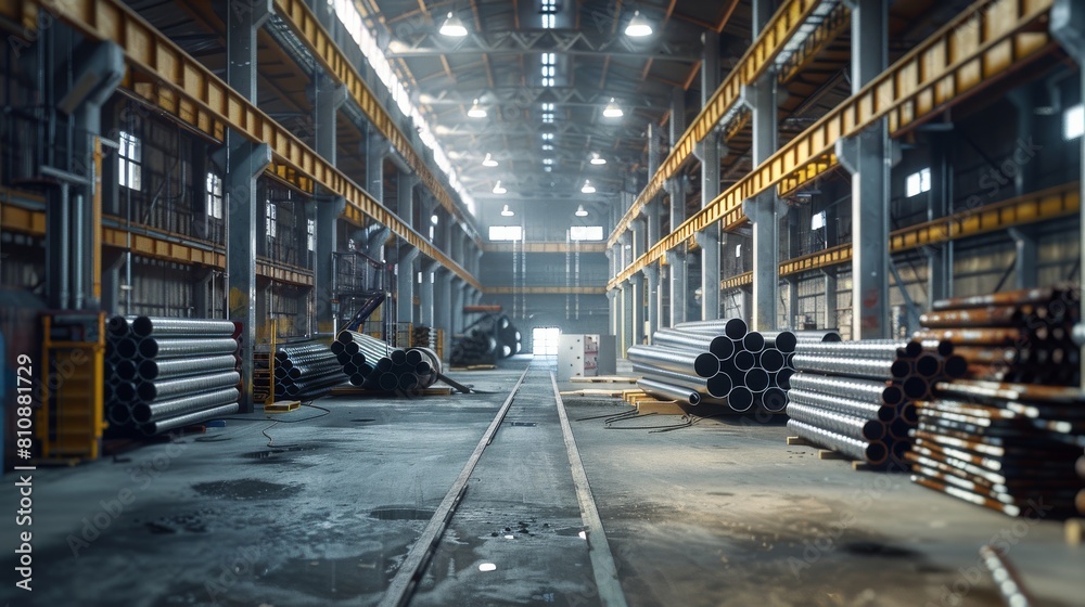 Industrial Warehouse with Steel Beams and Stacks of Metal Pipes of ...