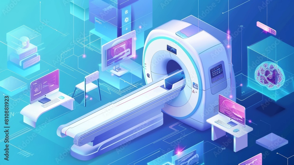 An illustration of a MRI scanner and computer in a hospital or clinic ...