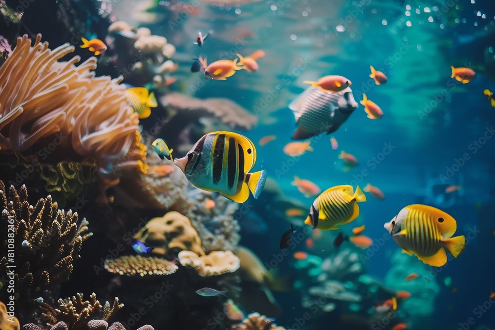 beautiful underwater scenery with various types of fish and coral reefs ...