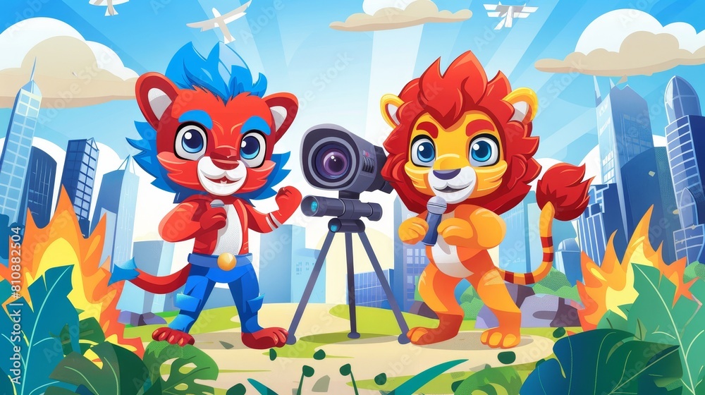 Comic super heroes, rescuers cartoon characters pose for camera with an ...